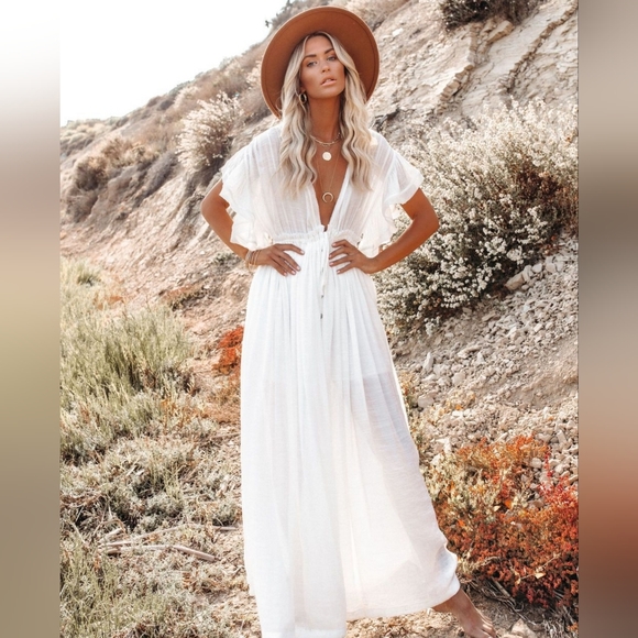 Swim | New Boho Flowy Plunge Maxi Gauze Cover Up Dress Summer White ...
